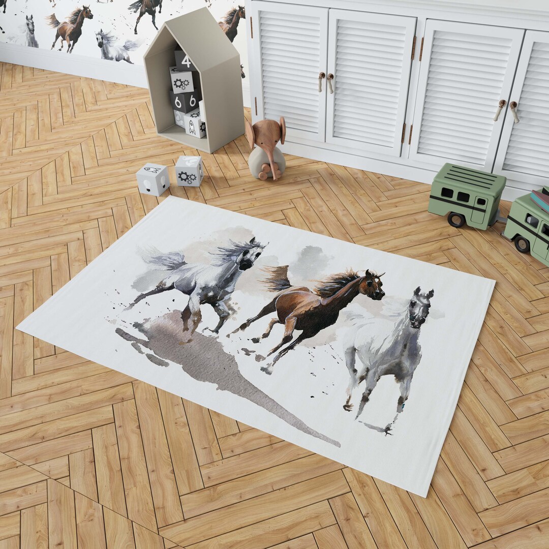 Horses Rug, Equestrian Nursery Rug, Anti Slip Backing, Wild Horses Rug ...