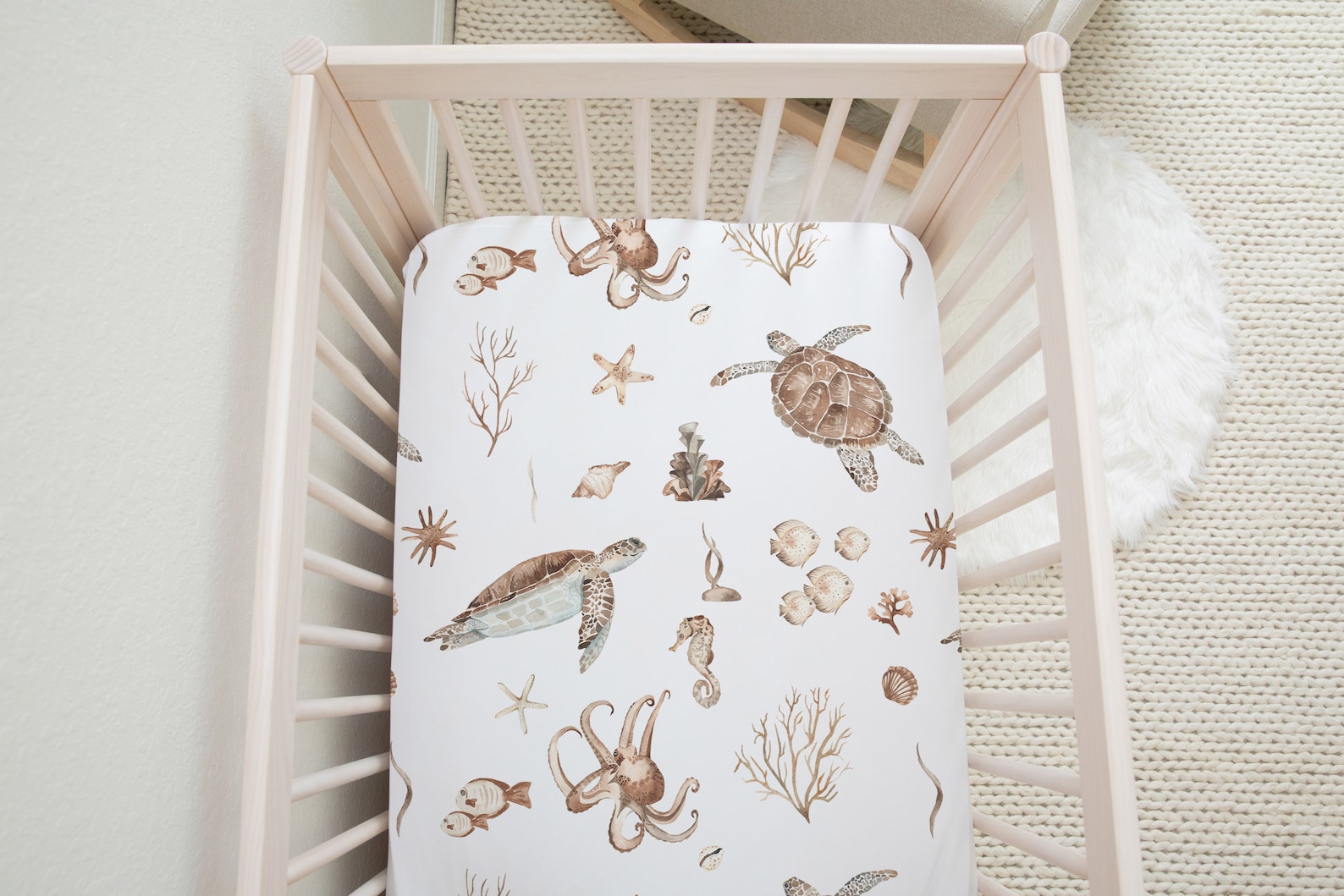 Under the Sea Crib Sheet, Earth Tones, Ocean Nursery Bedding, Turtles ...