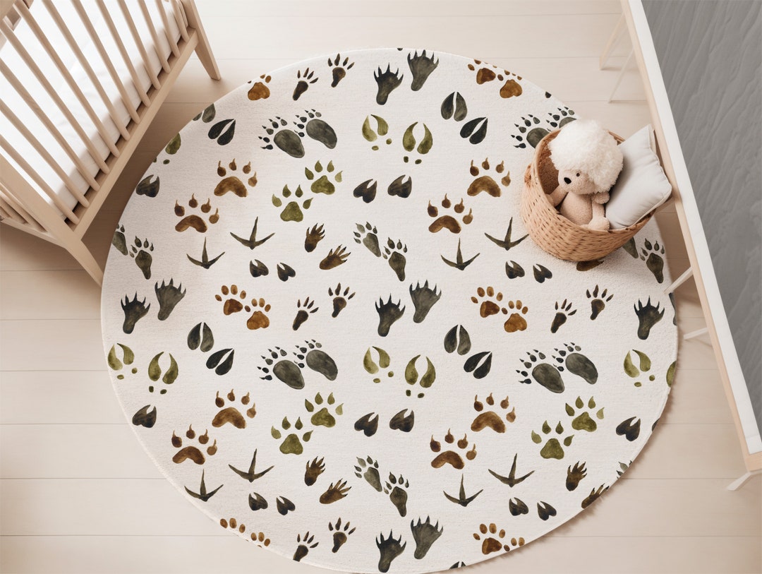 Animal Tracks Rug, Woodland Nursery Decor, Forest Round Rug, Kids Play ...