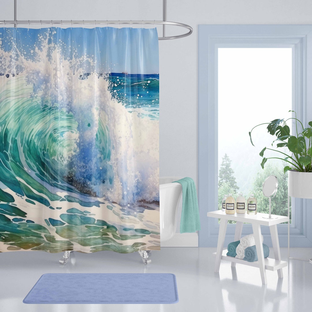 Crashing Ocean Waves Shower Curtain, Ocean Shower Curtain, Sea Bathroom ...