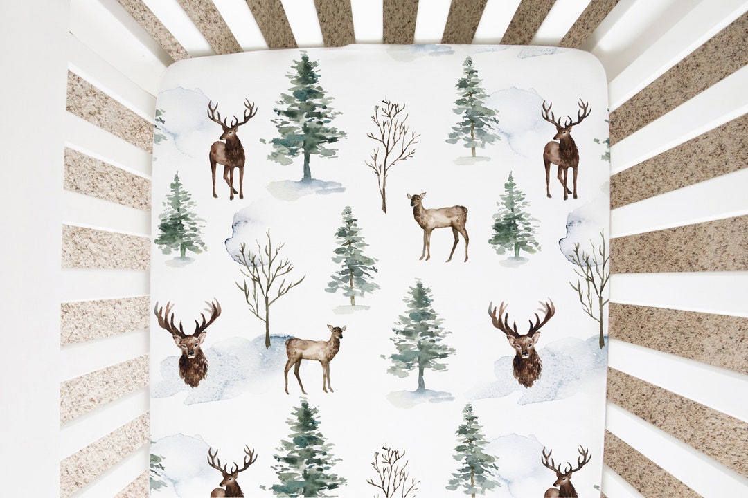 Woodland Crib Sheet, Forest Crib Bedding, Pine Tree Crib Sheet, Deer ...