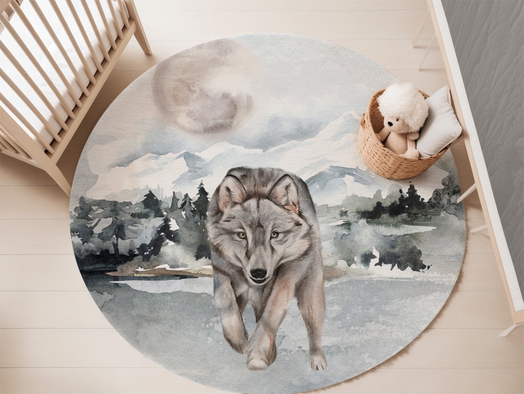 Wolf Rug, Wolf Nursery Decor, Wolf and Moon Rug, Mountains Rug ...