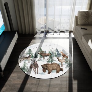 Woodland Animals Rug, Forest Round Rug, Woodland Nursery Decor, Rustic ...