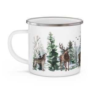 Woodland Enamel Camping Mug, Forest Animals Coffee Cup, Pine Tree Mug ...