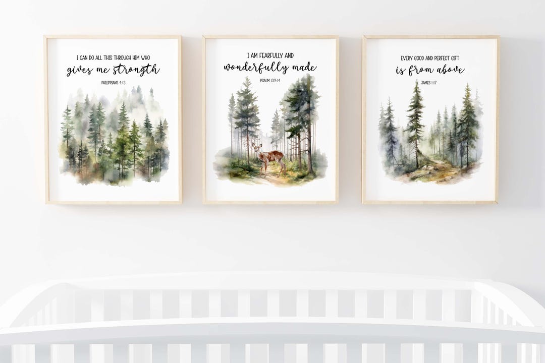 Christian Nursery Decor Set of 3, Pine Trees Wall Art, Wall Prints for ...