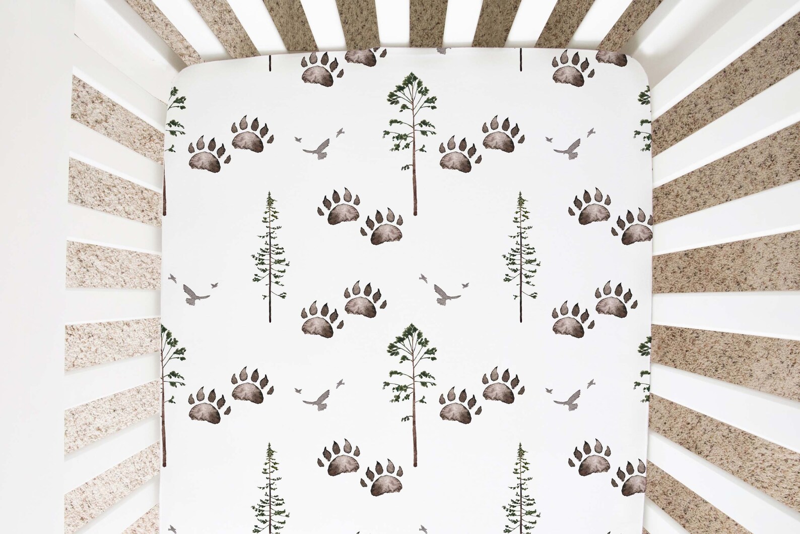 Woodland Crib Sheet, Bear Tracks and Pine Trees Crib Sheet, Baby Boy ...