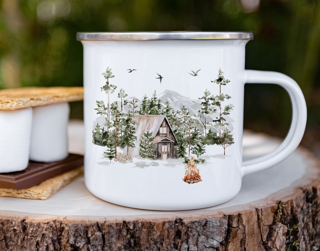 Forest Enamel Camping Mug, Cabin Mug, Wildlife Mug, Mountains and Trees ...