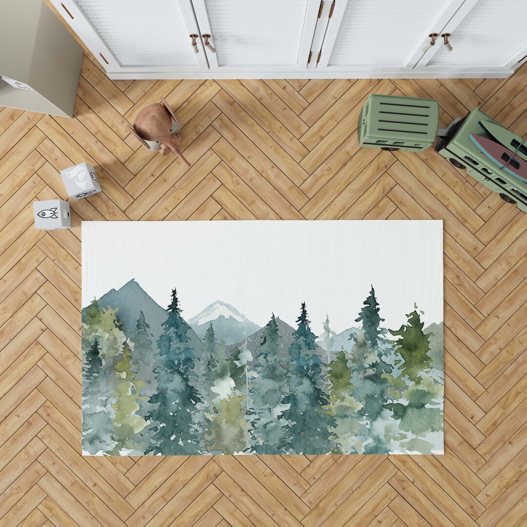 Forest Rug, Anti-slip Backing, Pine Trees Rug, Mountains Rug, Forest ...