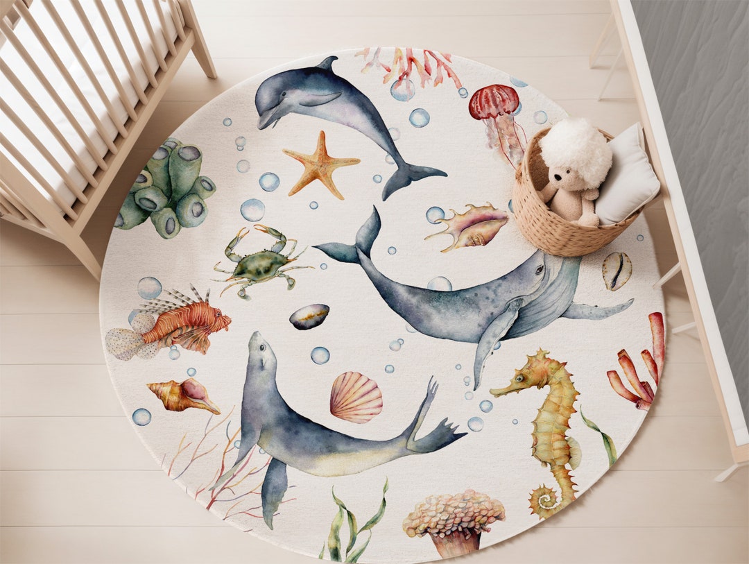 Under the Sea Rug, Ocean Round Rug, Sea Life Rug, Ocean Nursery Decor ...