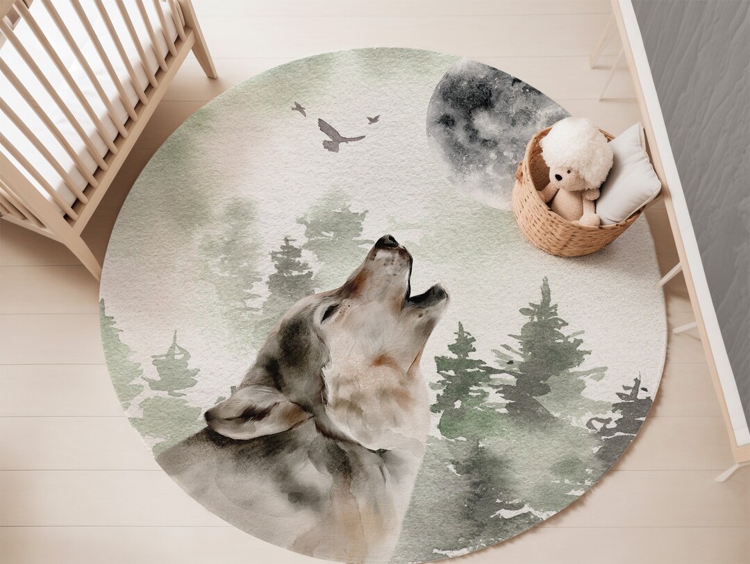 Wolf and Moon Rug, Wolf Nursery Decor, Forest Rug, Woodland Animals Rug ...