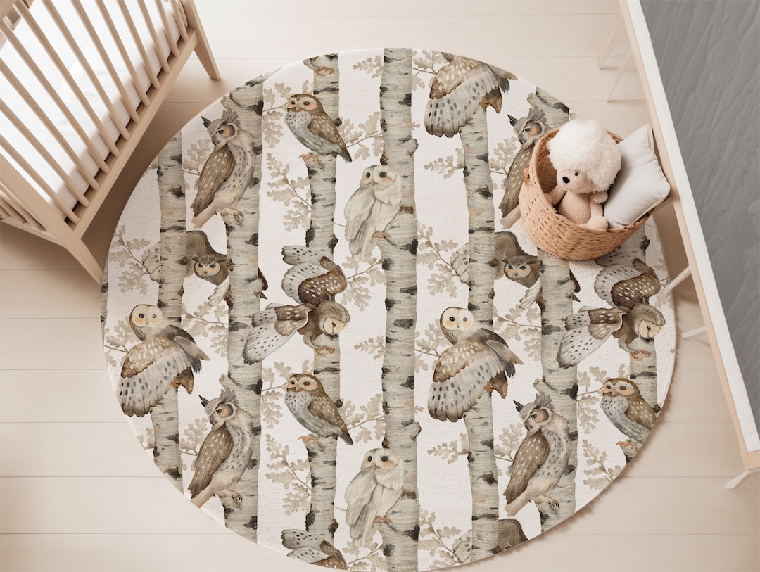 Owls Round Rug, Owl Rug Nursery, Woodland Nursery Rug Boy, Birds ...