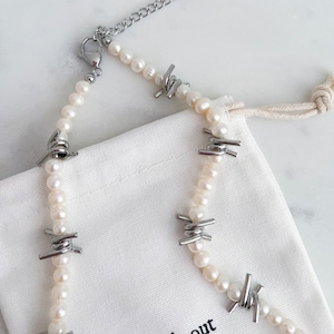 Freshwater Pearl Barbed Wire Choker, Barbed Wire Necklace, Silver Goth Punk Emo, Stainless Steel ...