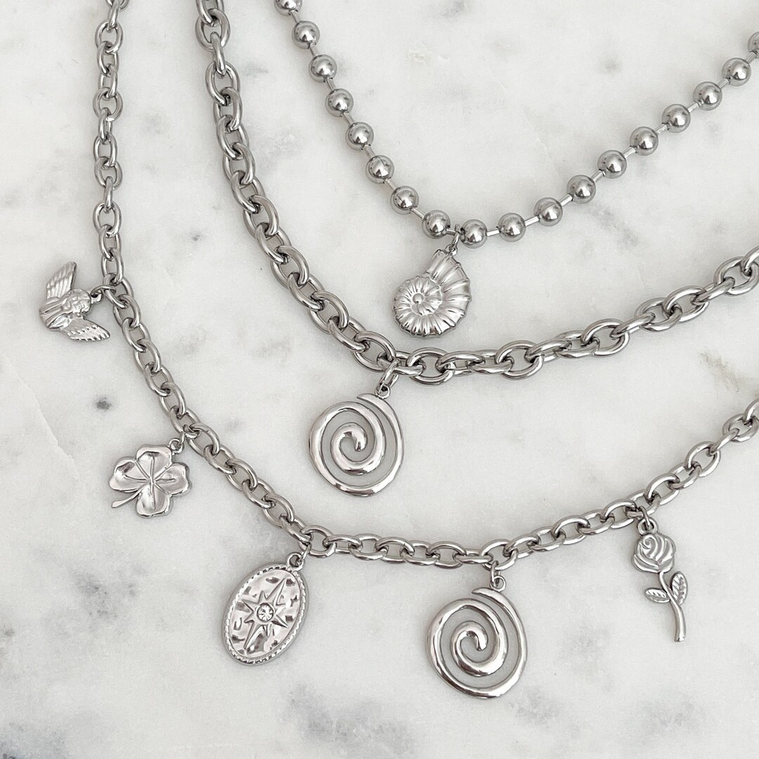 Silver Waterproof Charm Necklace, Multi Charm Chain, Stainless Steel ...
