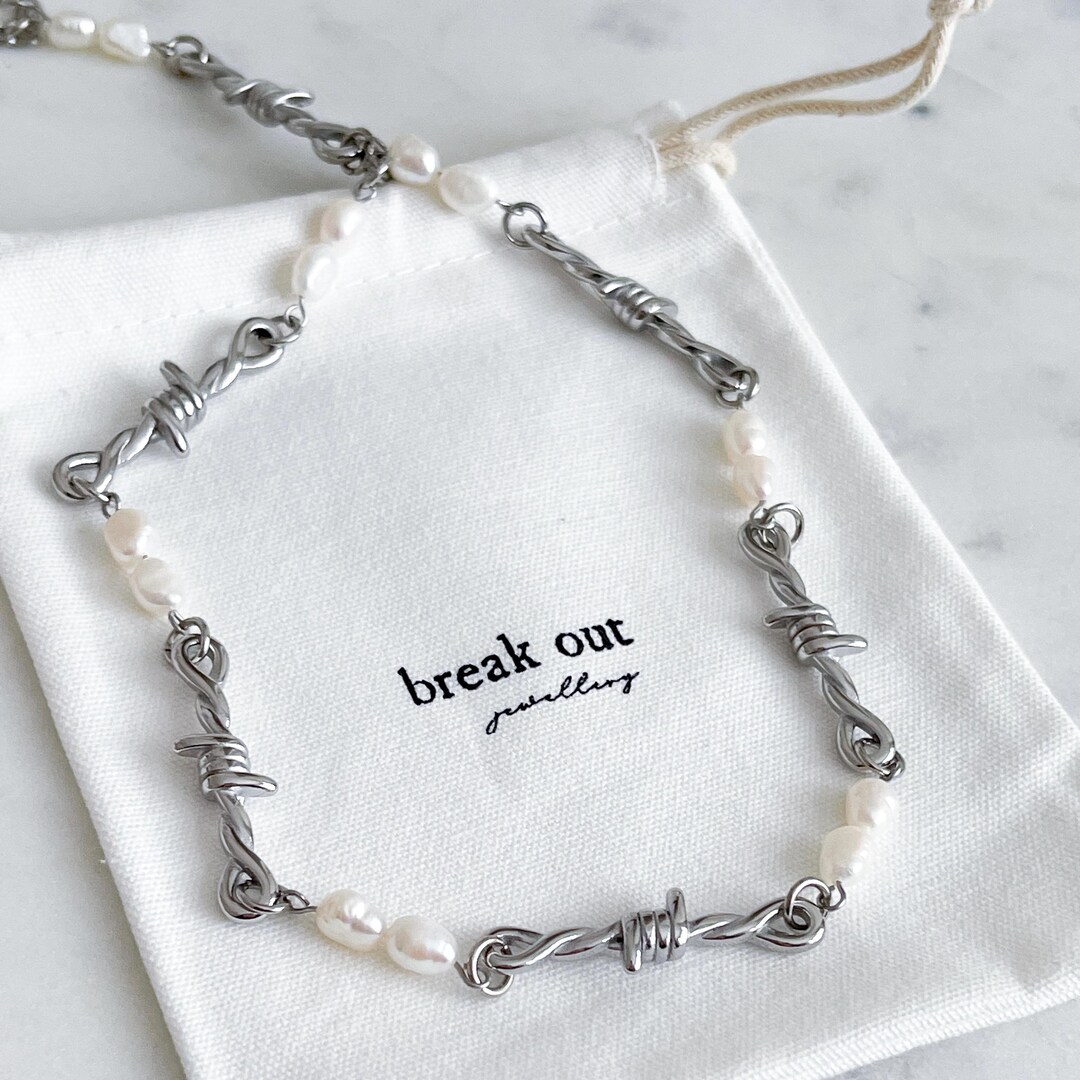 Freshwater Pearl Barbed Wire Necklace, Unisex Jewellery, Silver Goth ...