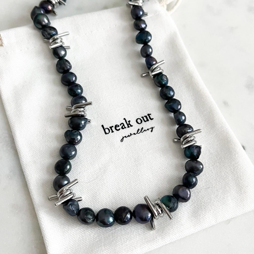 Black Freshwater Pearl Barbed Wire Choker, Barbed Wire Necklace, Silver Goth Punk Emo, Stainless ...