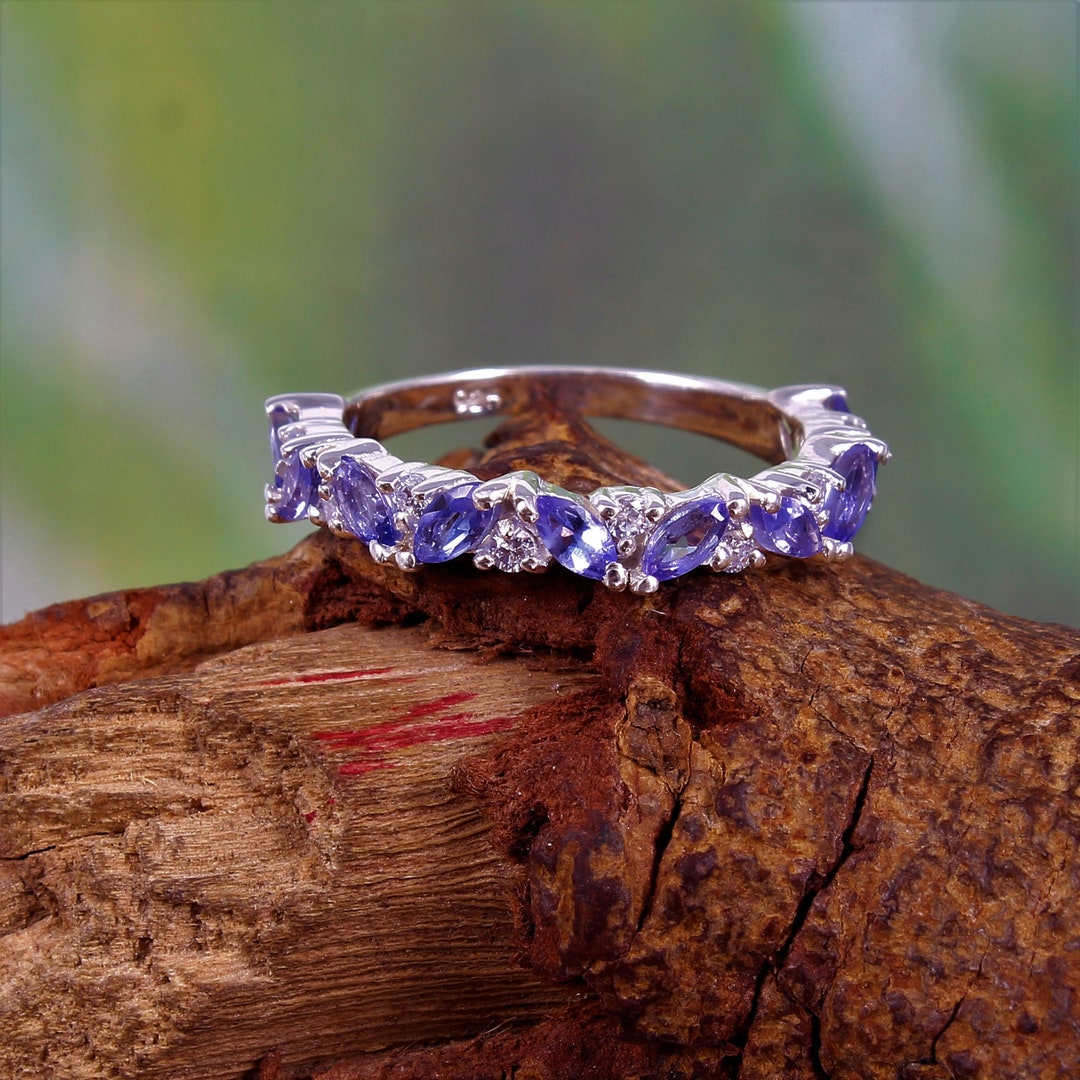 Tanzanite Half Band Ring Marquise Cut Tanzanite Gemstones 92.5 Sterling ...