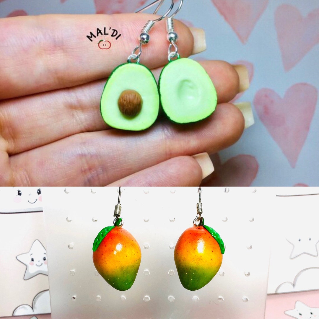 Earrings Made of Fimo Avocado, Mango. Polymer Clay. Polymer Clay. Fruit ...
