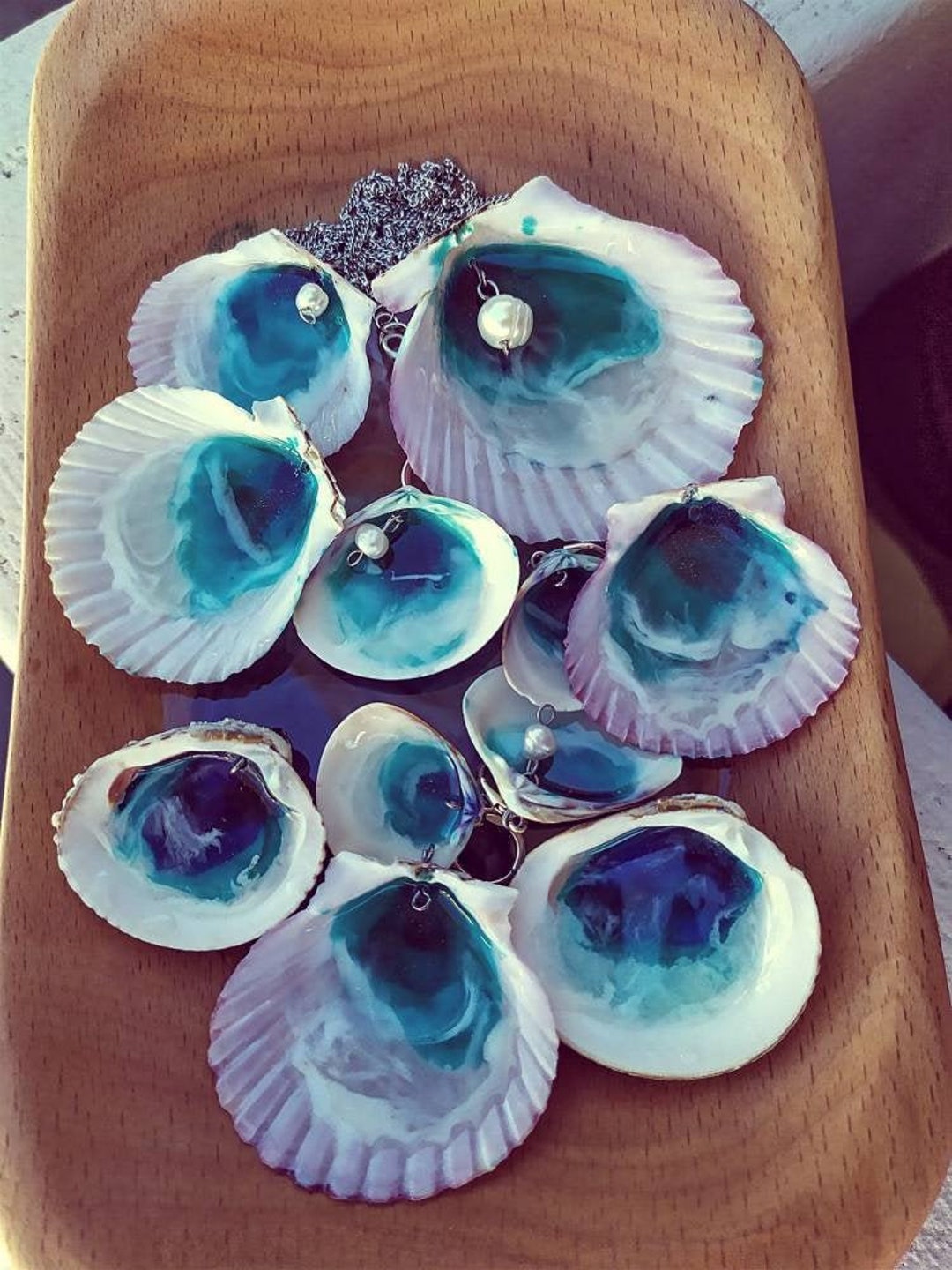 Blue Mermaid Wedding Necklace, Scallop Shell, Resin Ocean Waves, Double ...