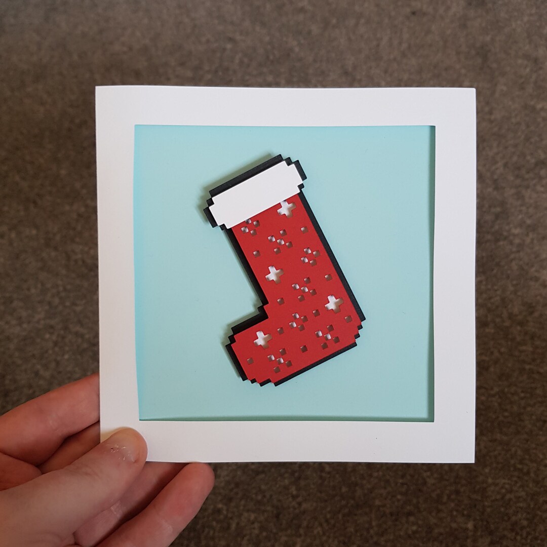 Christmas Pixel Stocking Papercraft Greetings Card - Etsy