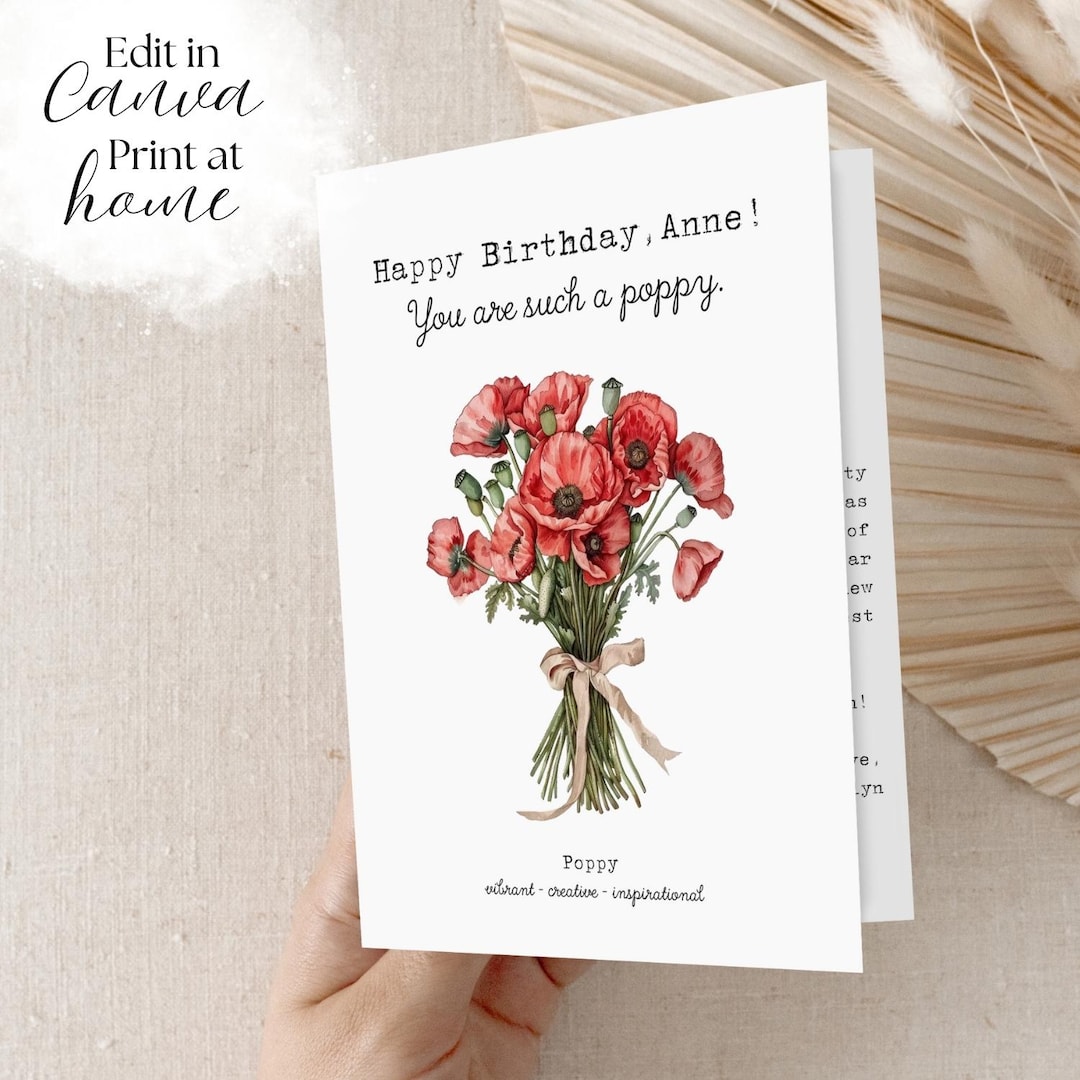 Custom August Birth Flower Birthday Card: Poppy Bouquet (digital Canva ...