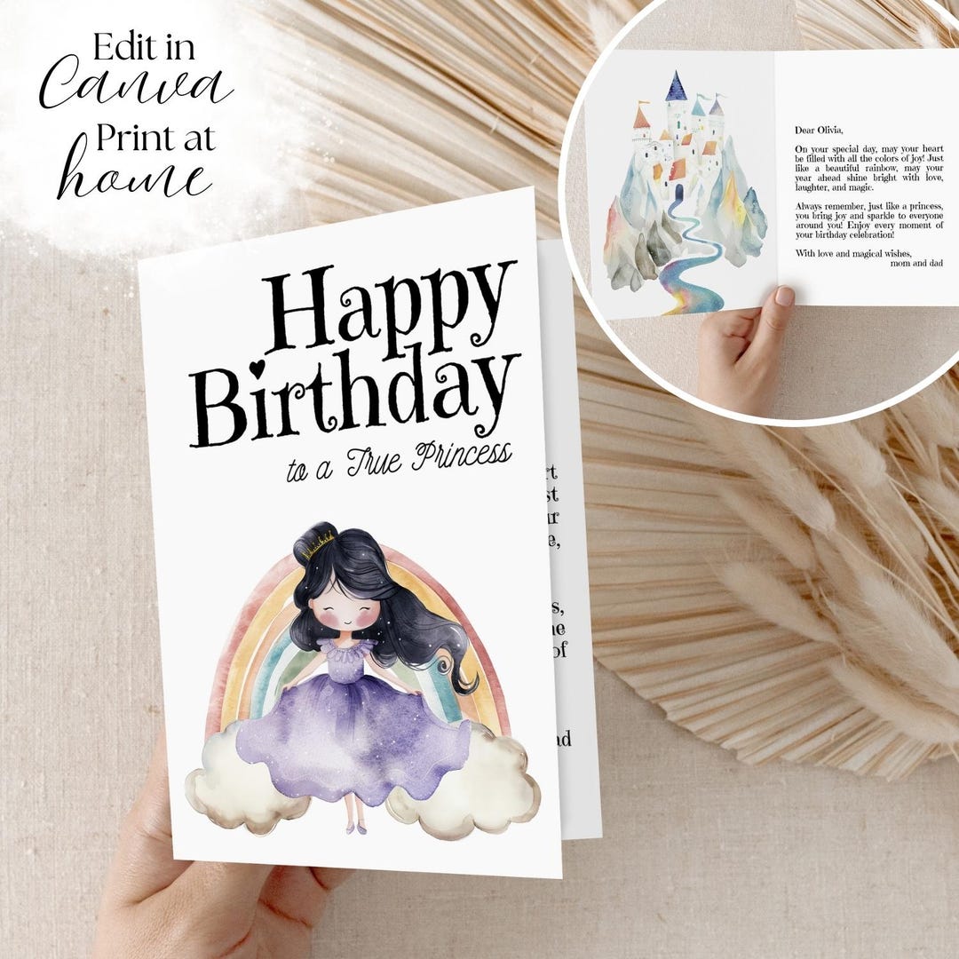 Editable 'happy Birthday Princess' Card | Printable 5x7 Folded Card ...