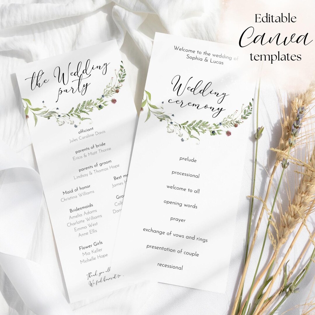 Floral Wedding Program Editable Wedding Program Template Watercolor ...