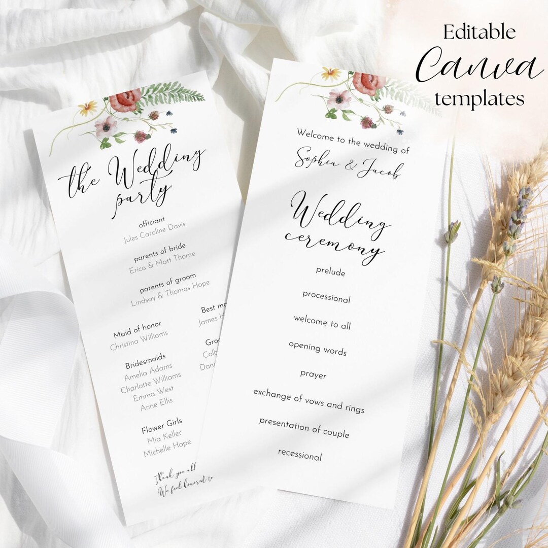 Floral Wedding Program Editable Wedding Program Template Watercolor ...