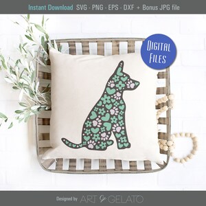 Floral Dog SVG, Dog Silhouette Svg, Paws Hearts and Flowers Dog Svg ...