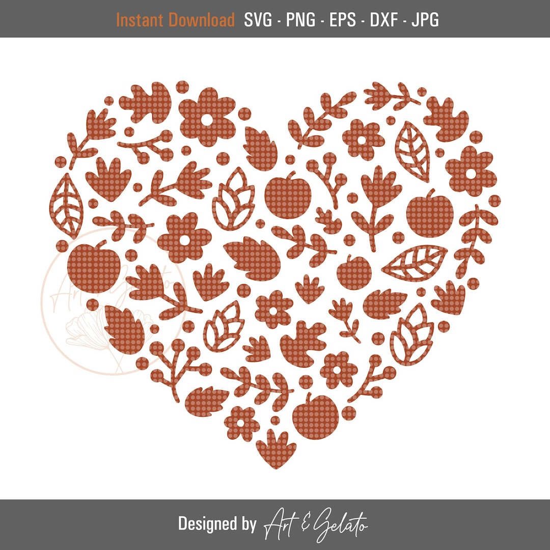 Autumn Heart SVG, Fall Pattern Heart SVG, Fall Heart SVG, Floral Fall ...