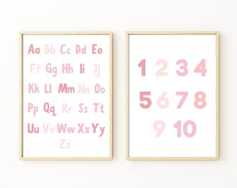 Alphabet and Numbers Pink ABC Educational Wall Art Girls | Etsy