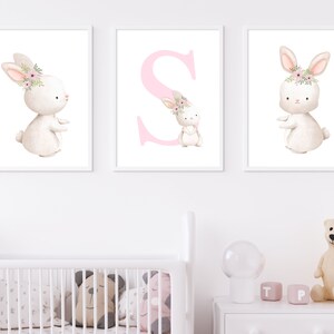 Pink Bunny Wall Art, Girls Nursery Prints, Baby Girl Personalised ...