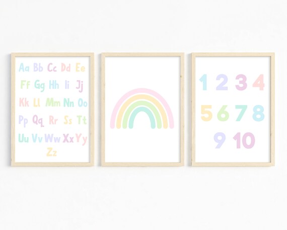 Pastel Alphabet and Numbers Pastel Rainbows Educational Wall | Etsy