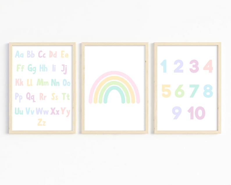 Pastel Alphabet and Numbers, Pastel Rainbows, Educational Wall Art ...