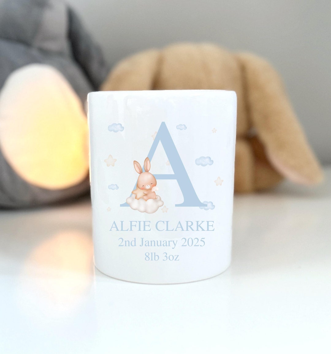 Personalised Baby Boy Money Box, Blue Bunny Ceramic Coin Bank, Newborn ...