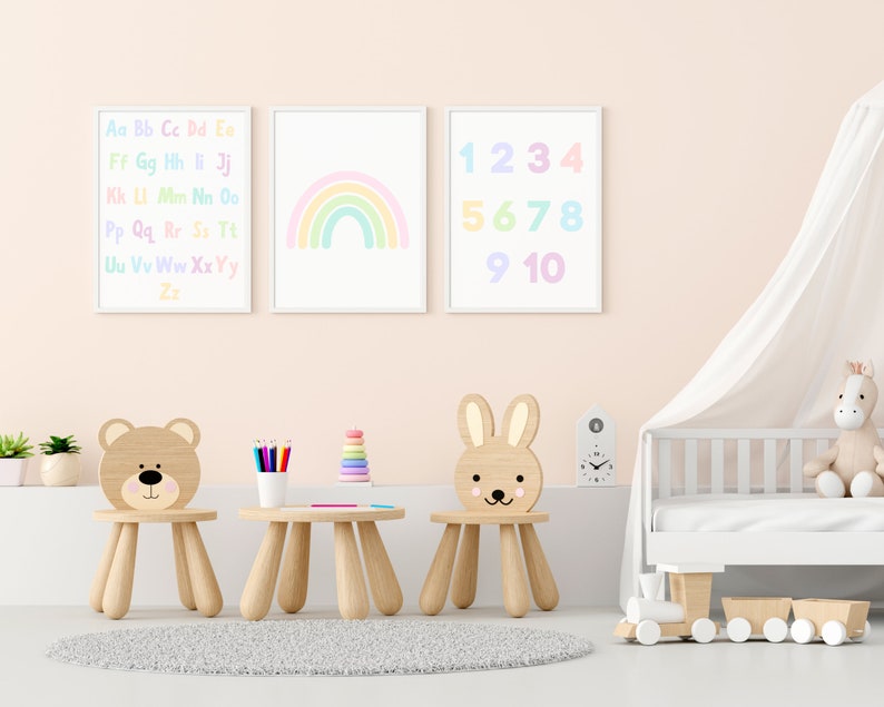 Pastel Alphabet and Numbers, Pastel Rainbows, Educational Wall Art ...