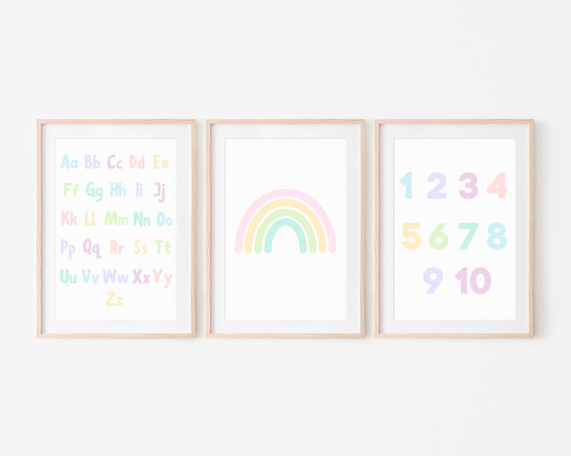 Pastel Alphabet and Numbers, Pastel Rainbows, Educational Wall Art ...