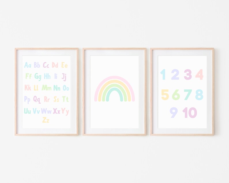 Pastel Alphabet and Numbers, Pastel Rainbows, Educational Wall Art ...