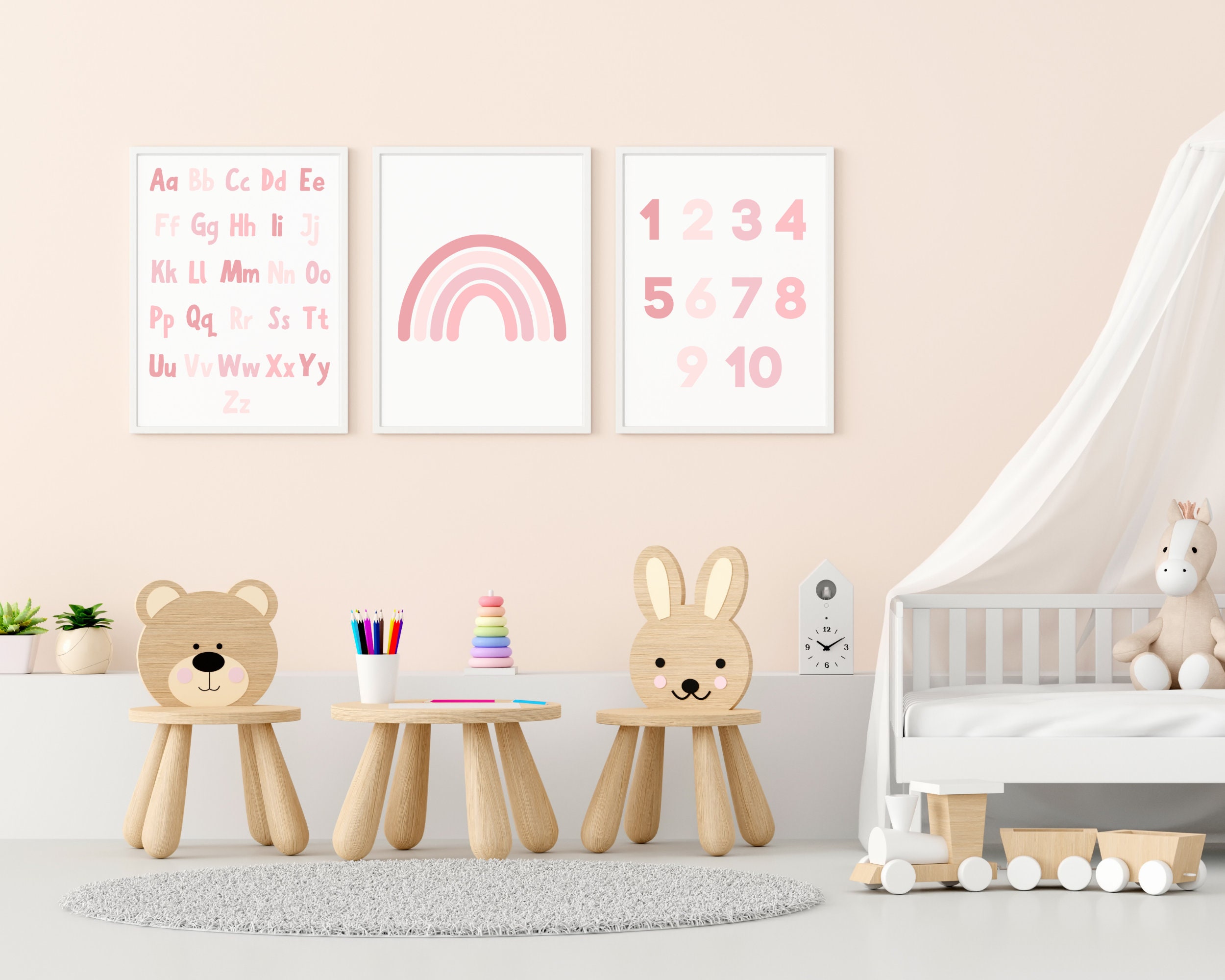 Pink Alphabet and Numbers, Set of 3 Prints, Dusky Pink Alphabet Numbers ...