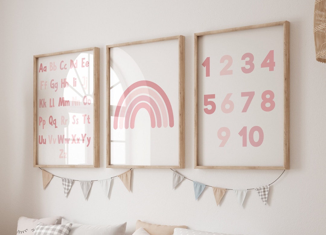 Pink Alphabet and Numbers, Set of 3 Prints, Dusky Pink Alphabet Numbers ...