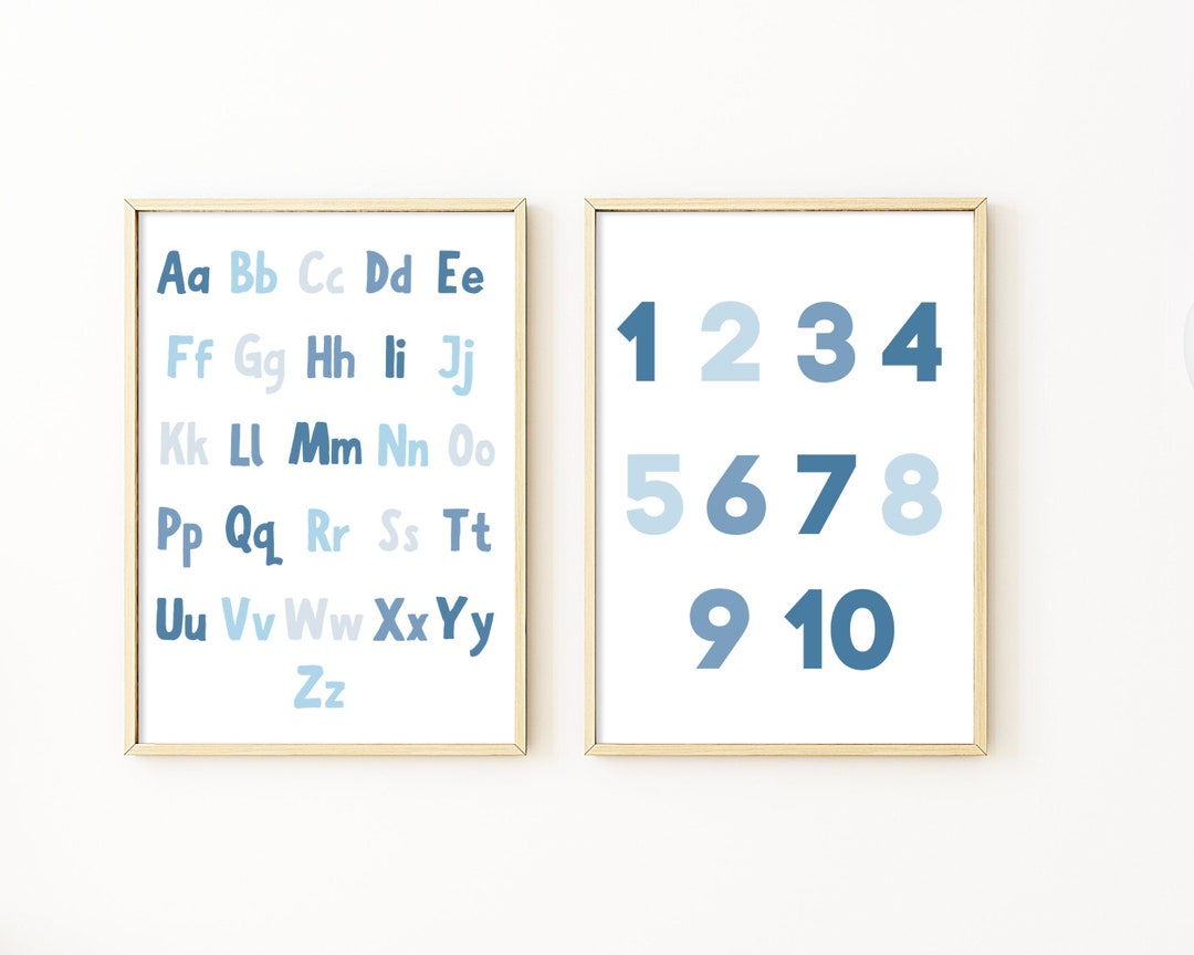 Set of 2 Blue Alphabet and Number Print, ABC 123 Boys Nursery, Alphabet ...