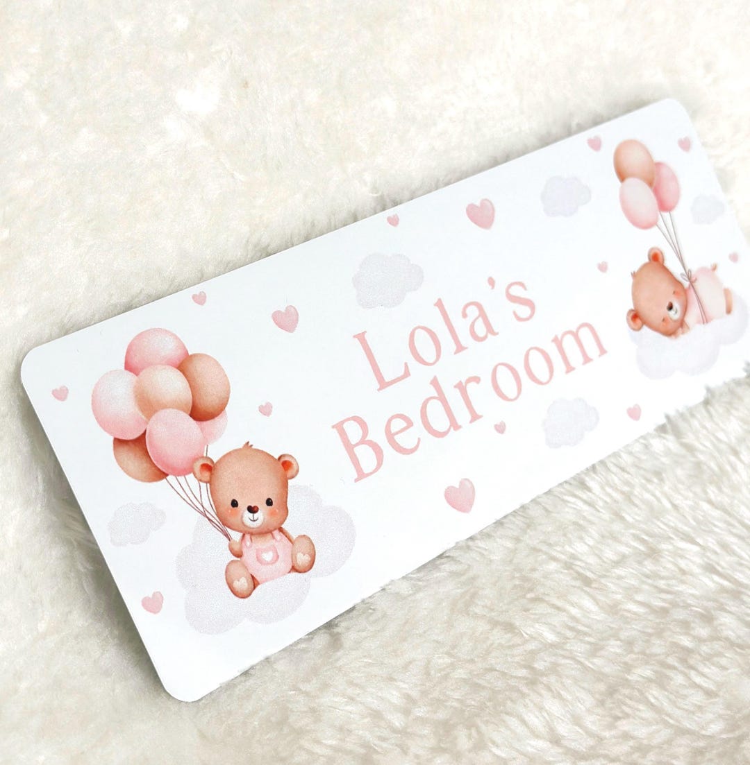 Personalised Girl Bedroom Door Name Sign, Pink Teddy Bear Nursery ...