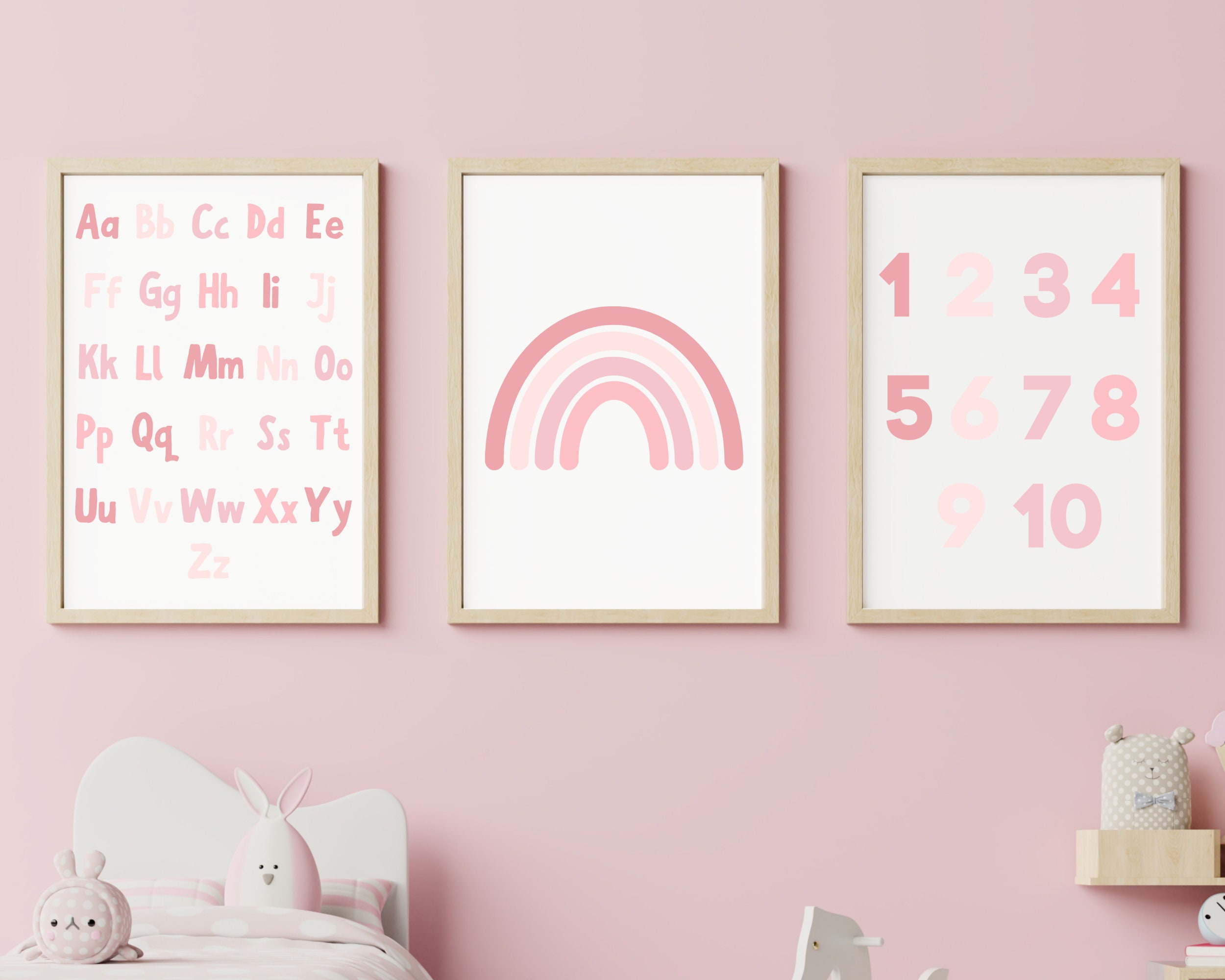 Pink Alphabet and Numbers, Set of 3 Prints, Dusky Pink Alphabet Numbers ...