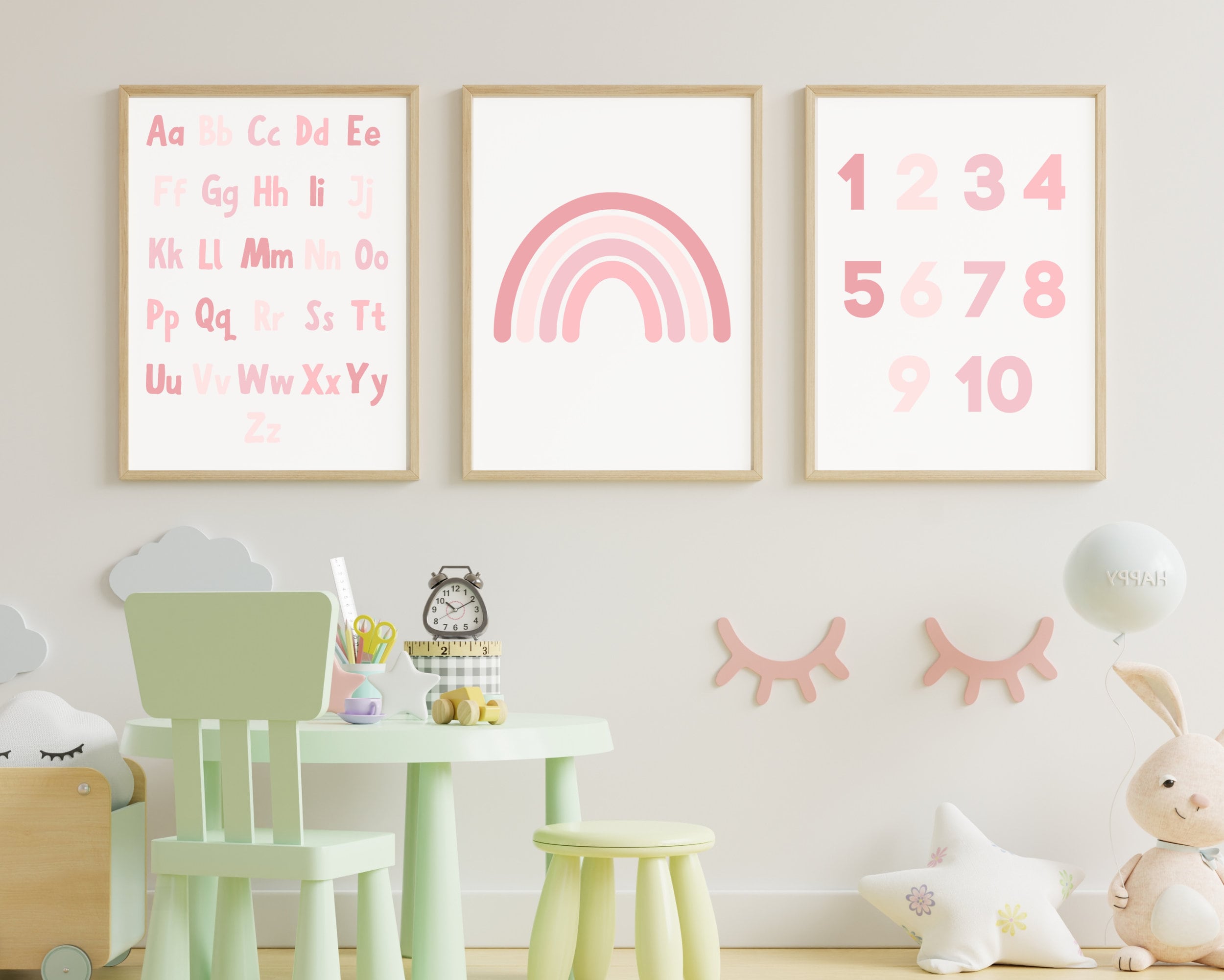 Pink Alphabet and Numbers, Set of 3 Prints, Dusky Pink Alphabet Numbers ...