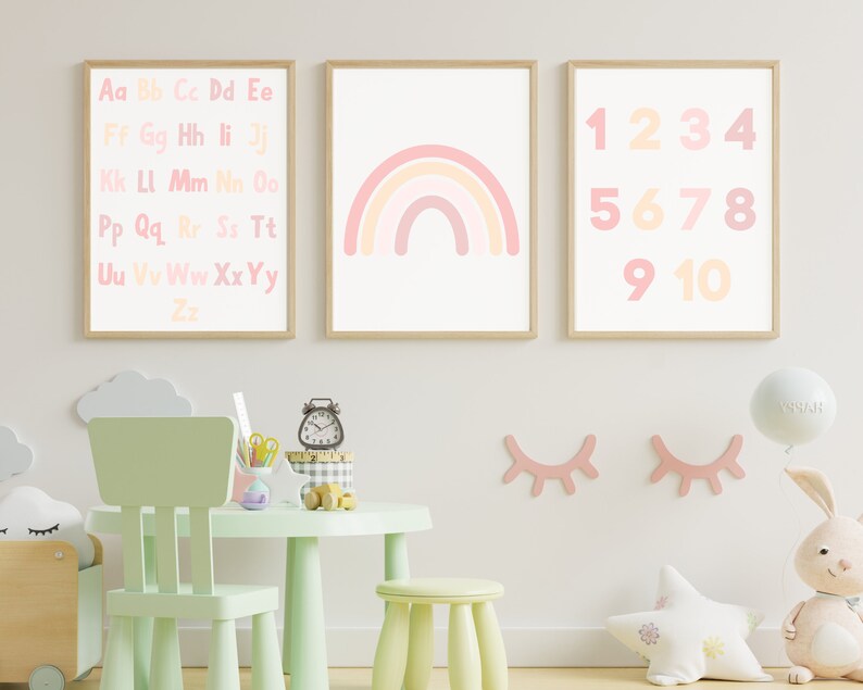 Alphabet and Numbers Pink ABC Educational Wall Art Girls | Etsy