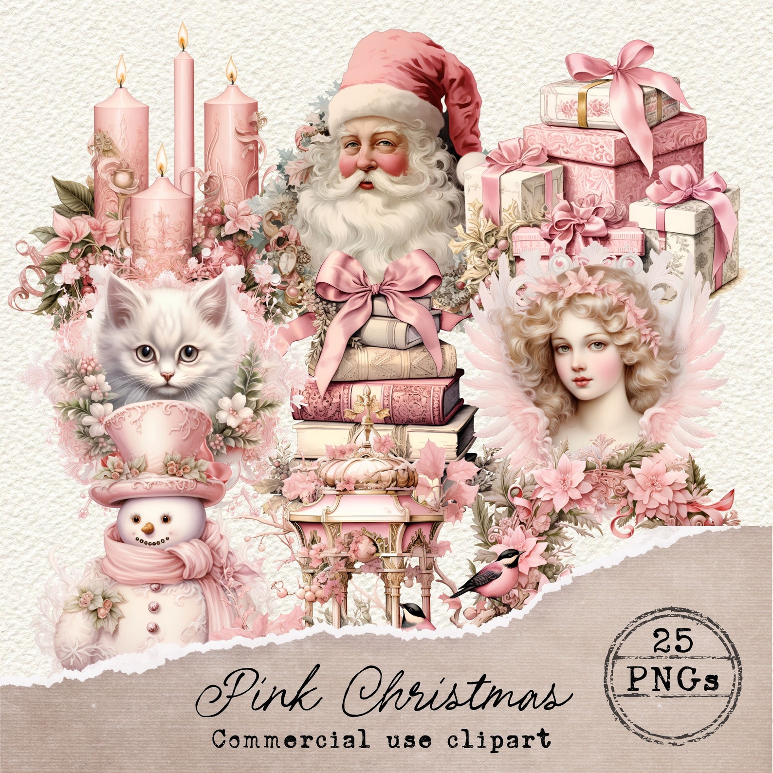Pink Christmas Clipart, Vintage Pink Christmas PNG, Pink Santa PNG ...