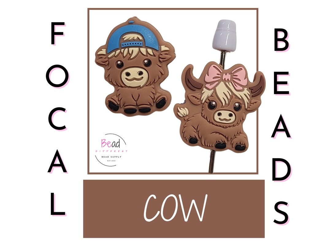 Cow Beads, Silicone Focal Bead, Farm Animal Beads, Heifer Beads, Bow ...