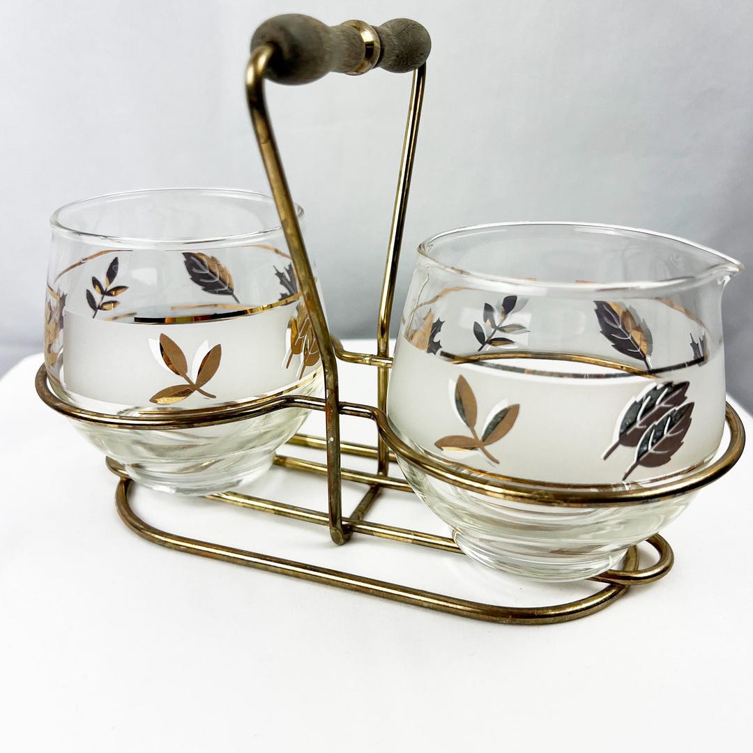 Anchor Hocking Gold Leaf Sugar & Creamer MCM With Metal Caddy Retro - Etsy
