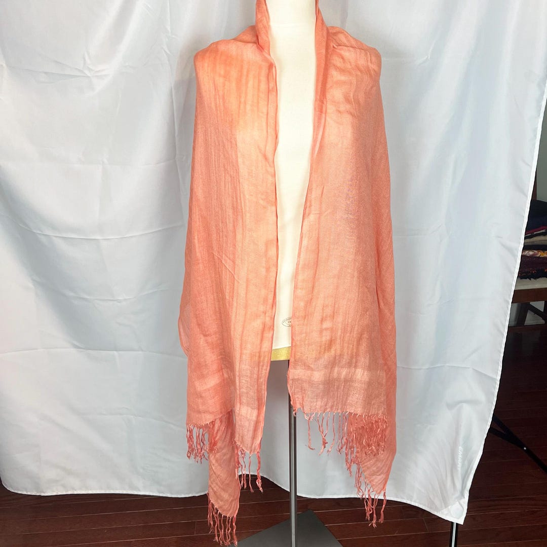 Vintage Peach Cejon Pashmina Shawl Scarf Fringed Viscose Linen Blend ...