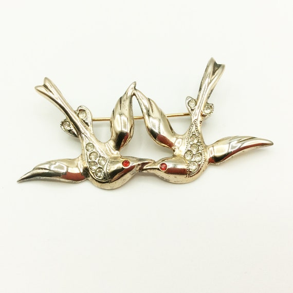 Vintage Sterling Silver Marked Love Birds Brooch Rhin… - Gem