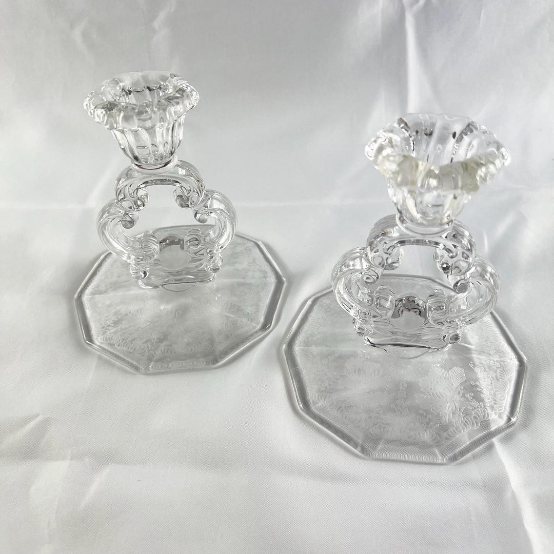 Vintage Pair Cambridge Glass Candlesticks Keyhole Design Etched Floral ...